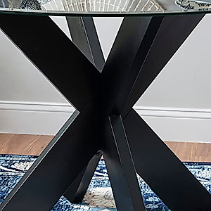 Powell Black Wood Modern Round Glass Top Parnell X Base Dining Table
