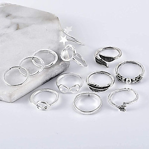 YOOESTORES82 12-20 Pcs Boho Silver Knuckle Ring Set Star Moon Wave Feather Stackable Rings Vintage Turquoise Multiple Midi Finger Ring Sets for Women (A)