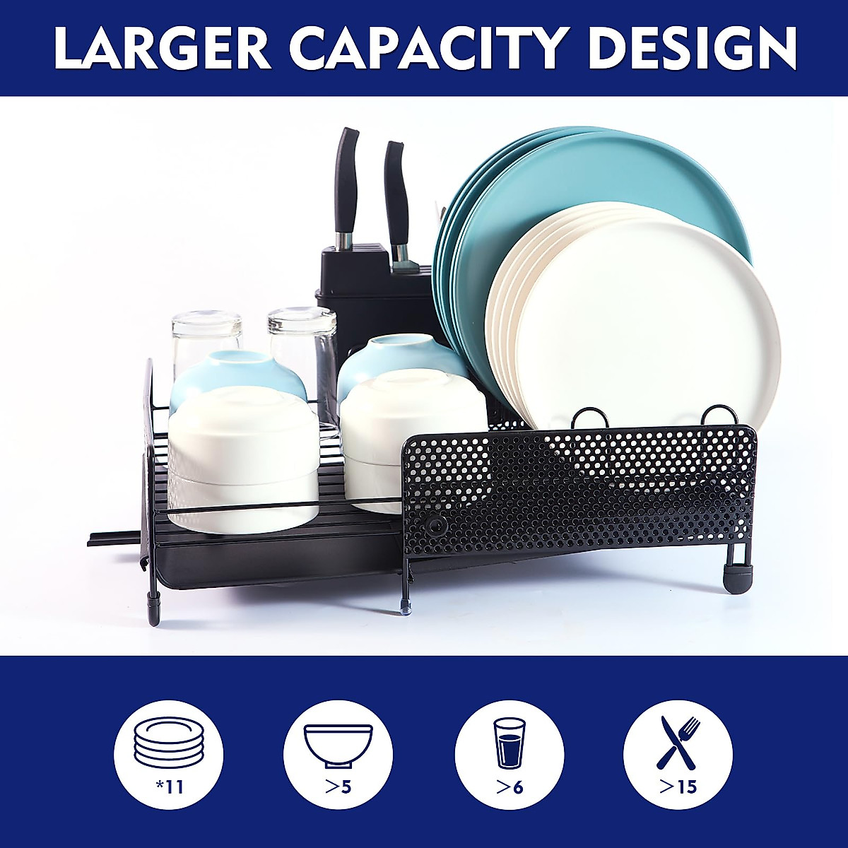 Extendable Dish Drying Rack for Kitchen Counter, Premium Stainless Steel Dish Dyer Rack, Multifunctional Black Dish Rack for Cookware, Bowl