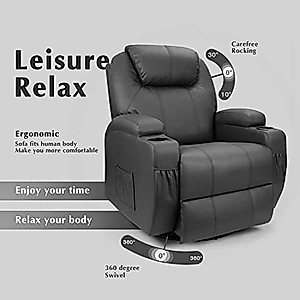 JUMMICO Recliner Chair Rocking Massage Recliner Chairs Heated Home Sofa PU Leather Ergonomic Living Room Chair Overstuffed Cushion Lounge 360 Degree Swivel and Rocking (Black)