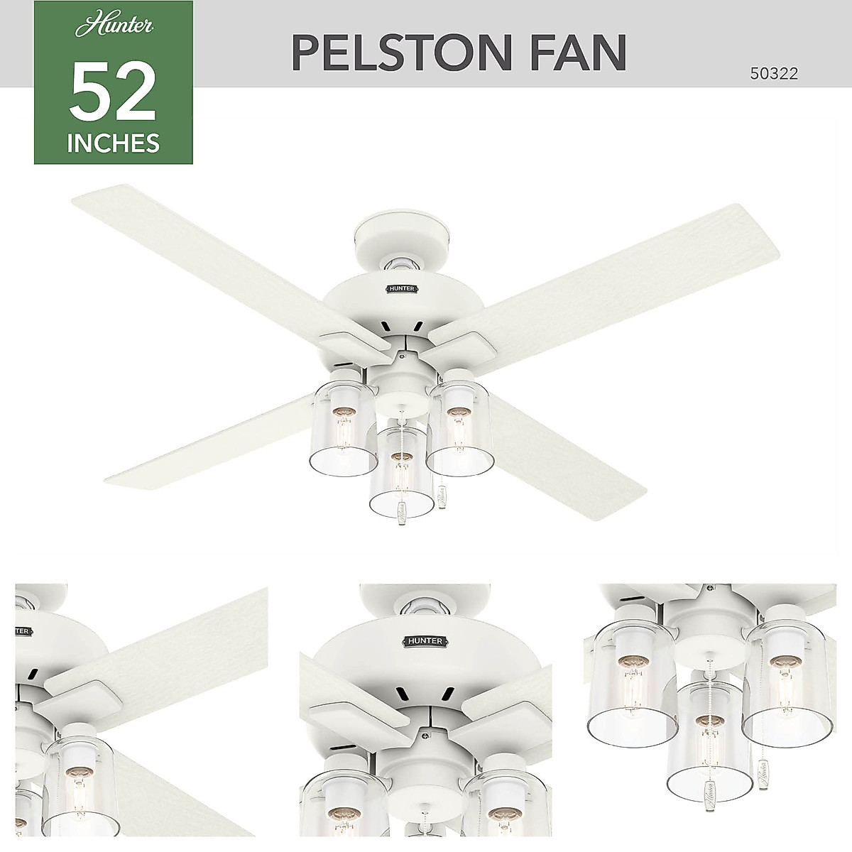 Hunter Pelston Indoor Ceiling Fan with LED Light and Pull Chain, 52", Matte White