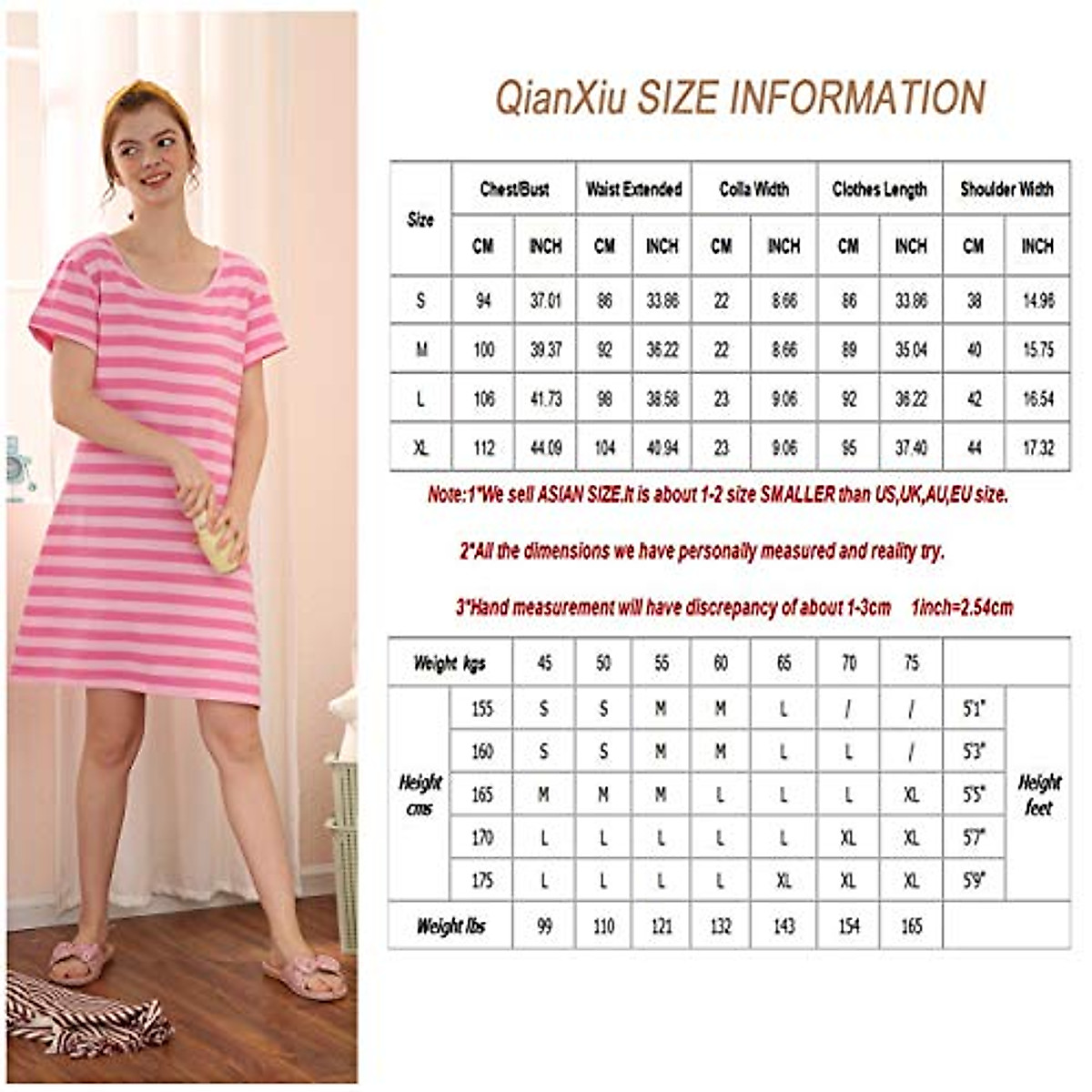 Qianxiu Women's Sleepwear, Cotton Sleep Short Sleeves Sleepshirt Modal Cotton Knit Stripes Nightshirt T-Shirt Nightgown Pink