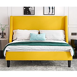 Allewie Queen Bed Frame, Platform Bed Frame Queen Size with Upholstered Headboard, Modern Deluxe Wingback, Wood Slat Support, Mattress Foundation, Light Yellow