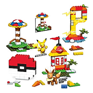 Mega Pokémon Building Toys Set, Building Box with 450 Pieces, 2 Poseable Characters and Storage Box, for Kids