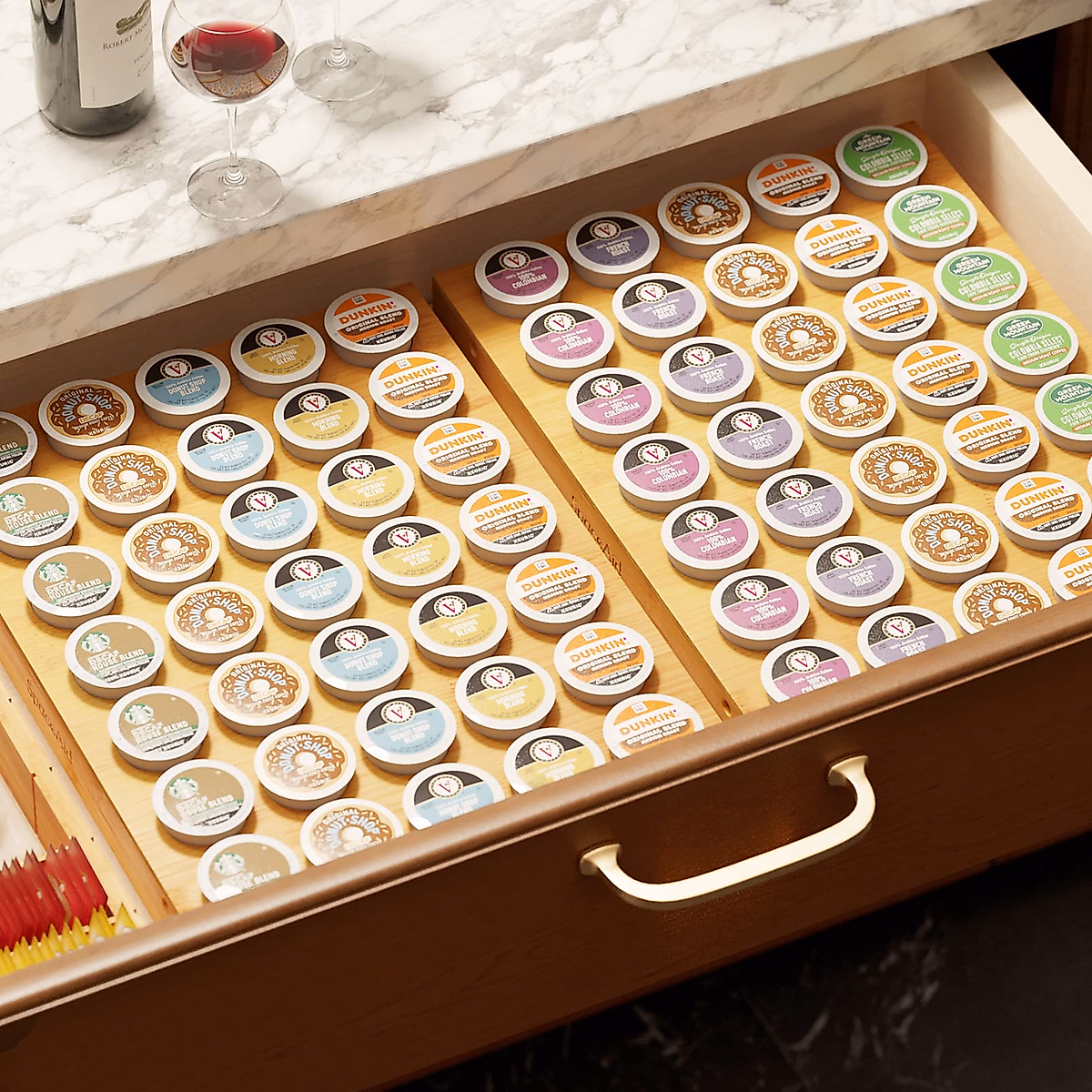 SpaceAid Bamboo K Cup Drawer Organizer Insert, Kitchen K Cups Coffee Pod Holder Tray Organizers for Kcup Coffee Station Drawer Storage Organization (35 Slots)