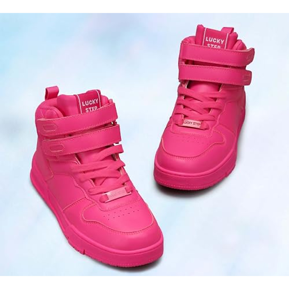 LUCKY STEP Women's High Top Fashion Sneakers Basketball Ankle Boots Walking Tennis Shoes Platform Hook and Loop Casual Faux Leather Sneaker(Hot Pink,8B(M) US)