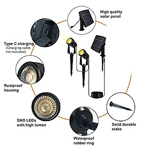 SUNTHIN Solar Landscape Lights, Solar Spot Lights Outdoor Auto On/Off, Waterproof Lanscape Lighting for Yard, Garden, Lawn, Plant, Tree, Wall, Fence (Warm White)