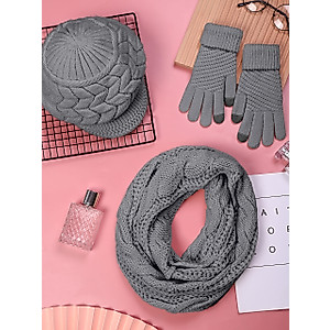 URATOT 3 Pieces Women Winter Hat Scarf Glove Set Warm Skull Beanie Hat with Visor Knitted Touch Screen Glove Scarf 3 In 1 Set