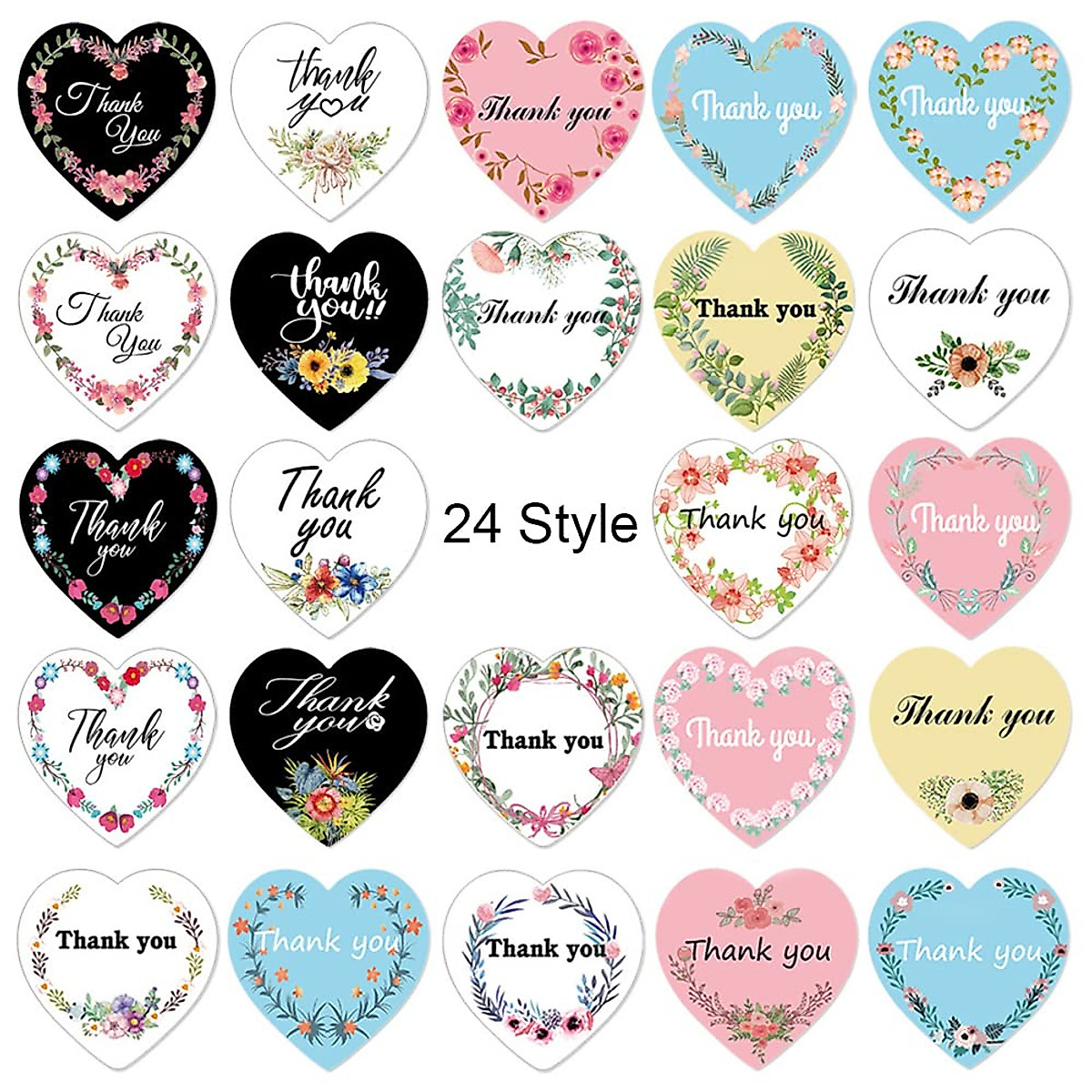 1500 Pcs Floral Thank You Stickers, Heart-Shaped Thank You Stickers 1 Inch Thank You Stickers Roll Thank You Labels for Gifts, Weddings, Giveaways, Bridal Showers, Party, Boutiques and Envelope
