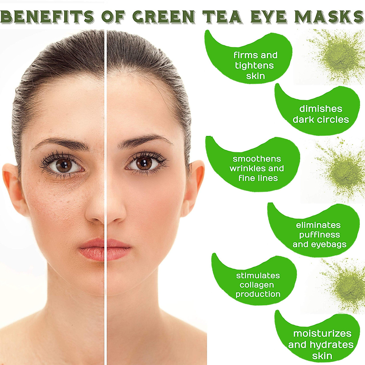 Suprance Green Tea Matcha Eye Mask Under Eye Patches Treatment for Dark Circles, Eye Bags, Puffiness - Anti-Wrinkle With Hyaluronic Acid and Collagen - 30 Pairs/60 Pcs.