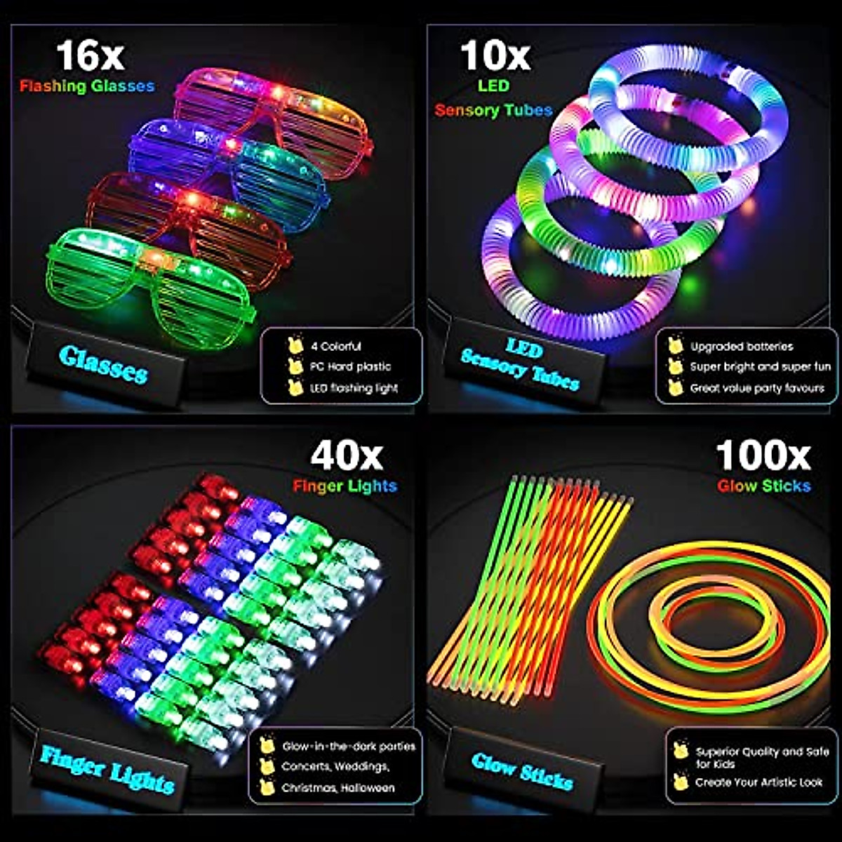 166PCS Glow In The Dark Party Supplies For Kid/Adults,Led Light Up Party Favors Toys With 100 Glow Stick Bulk, 40 Finger Lights, 16 Flashing Glasses, 10 Tubes Sensory Birthday Halloween Neon Supplies