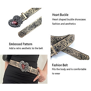 Rsleepd Retro Pattern Heart Belt, Fashion Printing Belt with Heart Buckle Adjustable Punk Belt for Women
