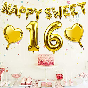 Lnlofen Happy Sweet 16 Balloon Banner with 2 Heart Foil - Gold 16th Birthday Party Decorations - Happy Sixteen Party Decorations Supplies