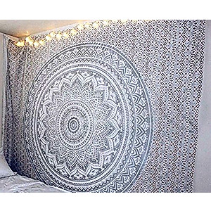 raajsee Glittering Silver Grey Tapestry Wall Hanging Mandala-Bohemian Room Decor-Indian Cotton Throw Hippie Tapestries -Queen Bedspread 82x92 inches