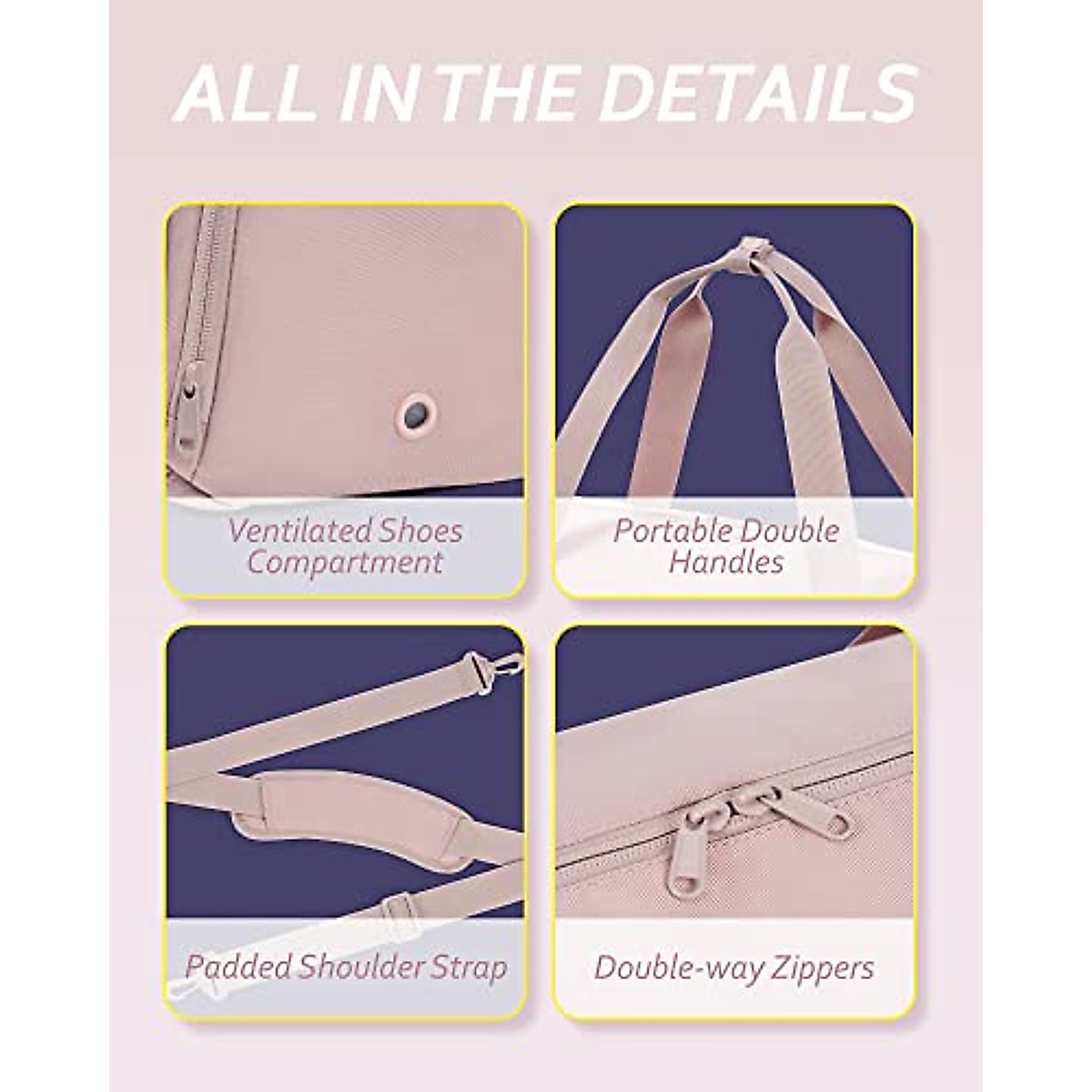 Gym Bag for Women, BAGSMART Sports Travel Duffel Bag With Shoe Compartment & Wet Pocket, Carry On Weekender Duffel Bag, Water Resistant Sports Gym Tote Bags Swimming Yoga - Pink