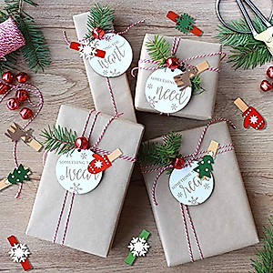 Greentime 120 PCS Christmas Wooden Clips, Snowflake Clothespins Small Craft Pegs Elk Gloves Snowflake Christmas Tree Clothespins with 10 Meters Rope for DIY Crafts Home Party Xmas Supplies Gifts