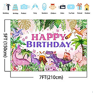 Avezano Pink Dinosaur Backdrop Dinosaur Themed Happy Birthday Party Decorations for Girls Kids Birthday Party Photography Background Cake Dessert Table Decorations (7x5ft)