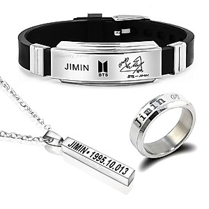 University Trendz Unisex BTS Fan Combo - Jimin Bangtan Kpop Bar Pendant Necklace, Name Signature Silicon Bracelet & DOB Engraved Stainless Steel Ring (Pack of 3)