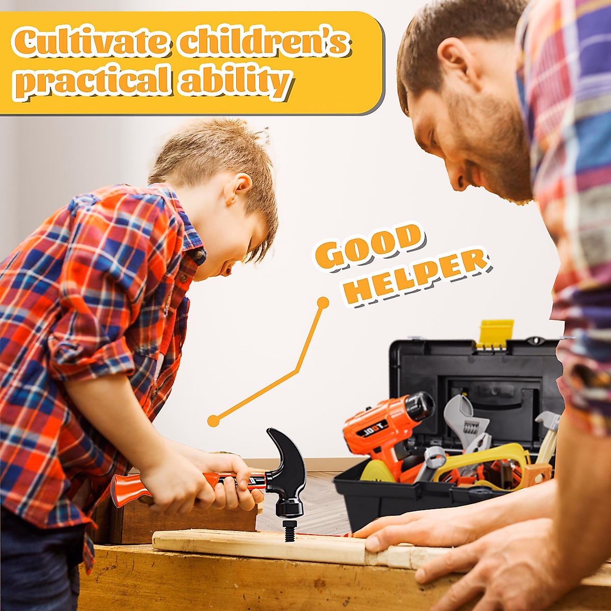 POFJOEQ Kids Tool Set – 34-Piece Kids Tool Set with Tool Box & Electronic Toy Drill - Pretend Play Toddler Toys - Inspire Imagination and Skill Development