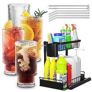 Gracenal Under Sink Organizer, Kitchen Organizers and Storage 1 Pack & Ribbed Glass Cups with Straws 12oz, Drinking Glasses Set of 4