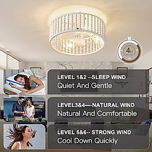 Liokoc Ceiling Fans with Remote, Caged Ceiling Fan with Handcrafted Beaded Décor 6 Speeds Reversible 19 inches Bulbs Included for Flush Mount Ceiling, Off-White