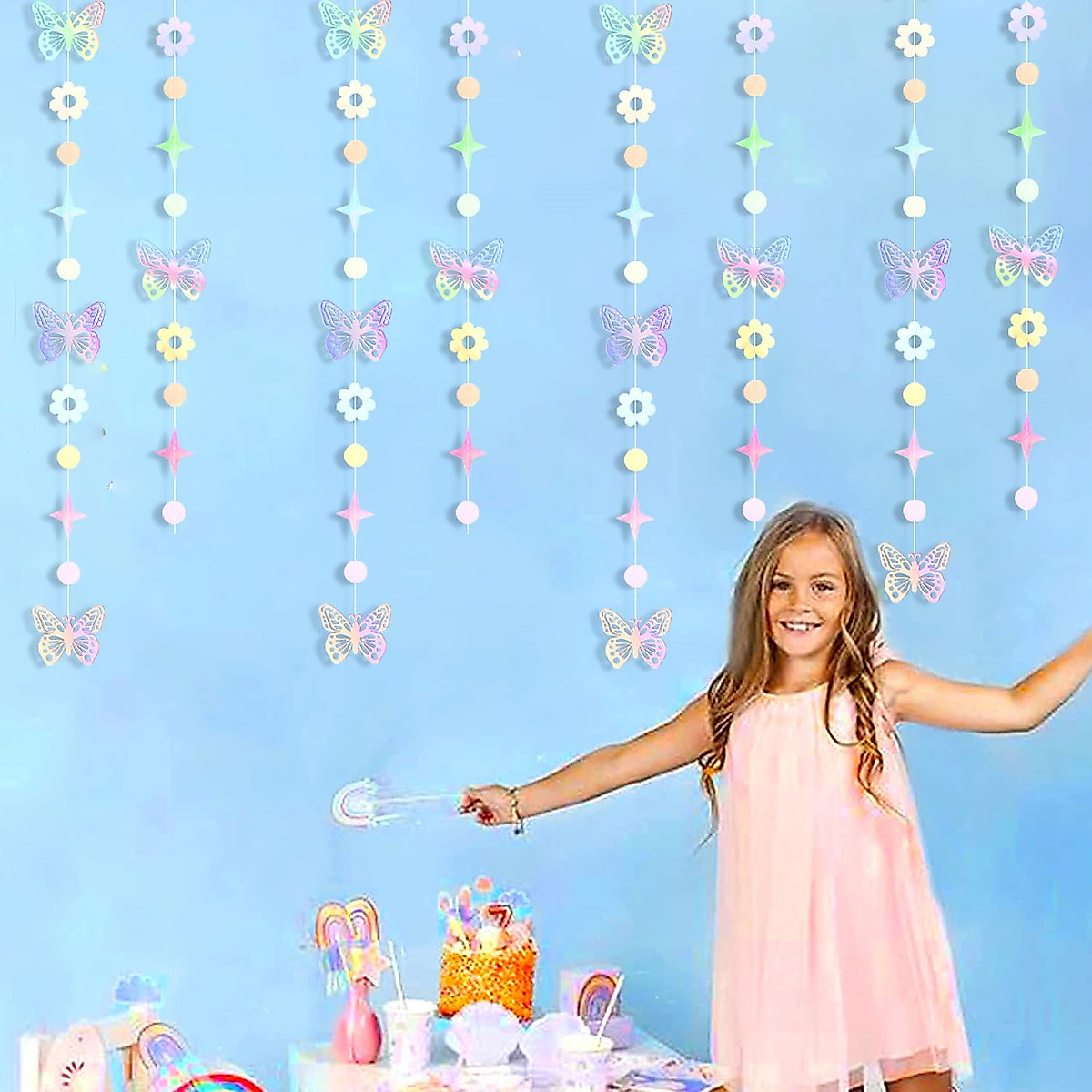 Iridescent Butterfly Girl-Birthday Party-Decorations Garland-Streamers - 52Ft Baby Shower Bachelorette Holographic Hanging Banner Decor,Engagement Garden Classroom Pastel Glitter Backdrop Huglony