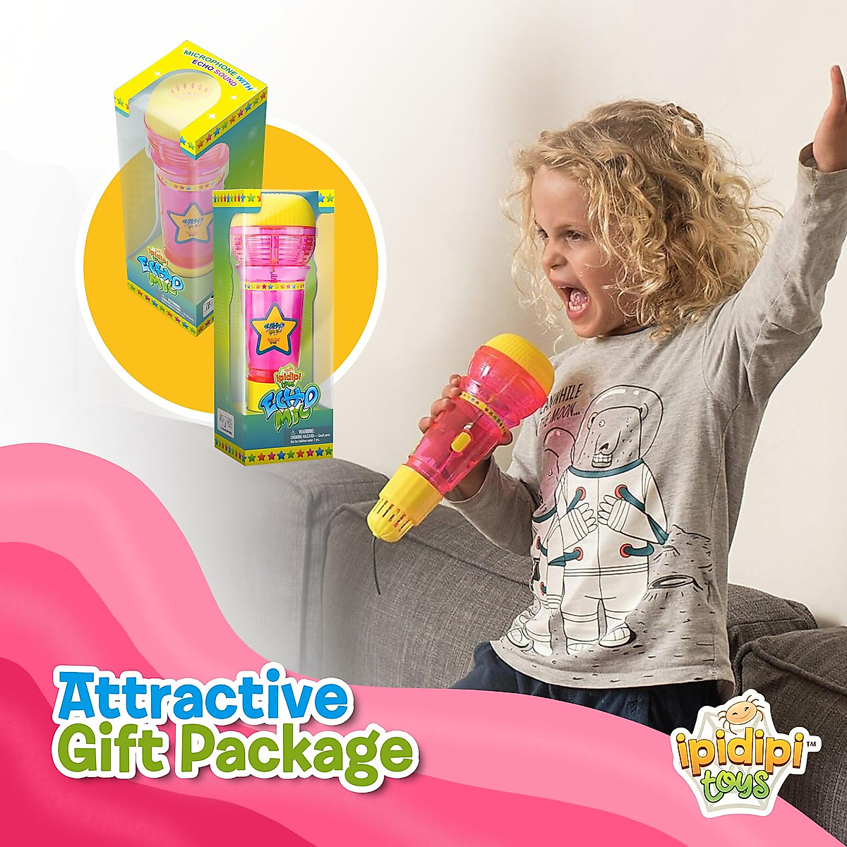 IPIDIPI TOYS Echo Microphone for Kids - Stocking Stuffers, Magic Microphone for Toddlers with Multicolored Flashing Light - Speech Therapy Toys and Retro Gift Mic Toy for Girls (Pink/Yellow)