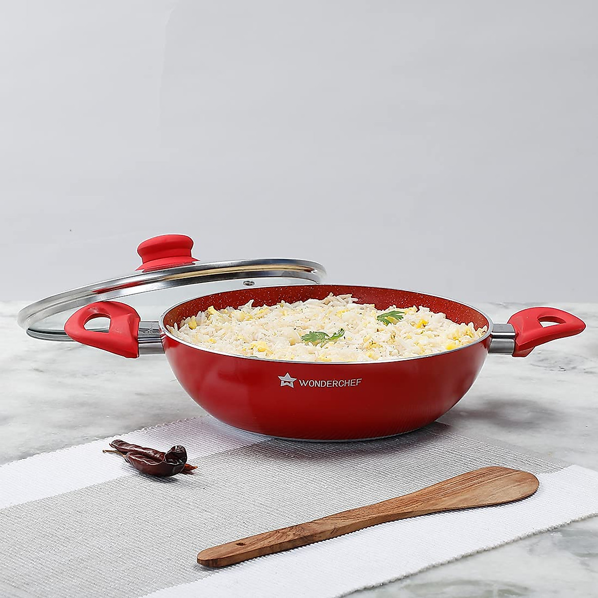 Wonderchef Royal Velvet Non-Stick, PFOA-Free and Nickel-Free Aluminum Indian Chinese Cuisine Stir Fry Wok with Lid; 24cm; Red