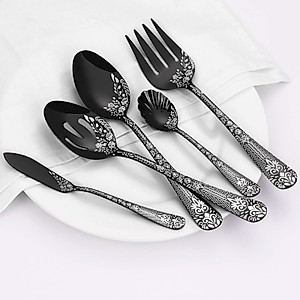 EUIRIO 89-Piece Black Silverware Set with Serving Utensils, Black Flatware Set for 14, Stainless Steel Mirror Cutlery Set, Spoons Forks Knives with Unique Floral Laser, Tableware Set, Dishwasher Safe