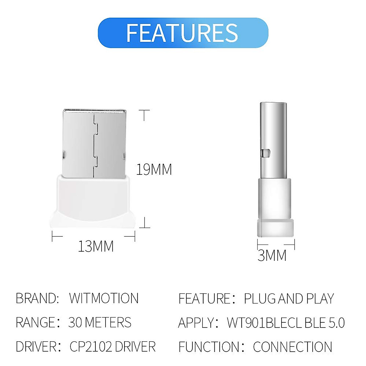 WitMotion BLE 5.0 Wireless Bluetooth USB Adapter, CP2102 Driver【 30meters Range, Anti-Dust, Small-in-Size, Plug and Play】 Bluetooth Dongle for WitMotion BLE 5.0 Sensor (WT901BLECL/ WT901BLE)
