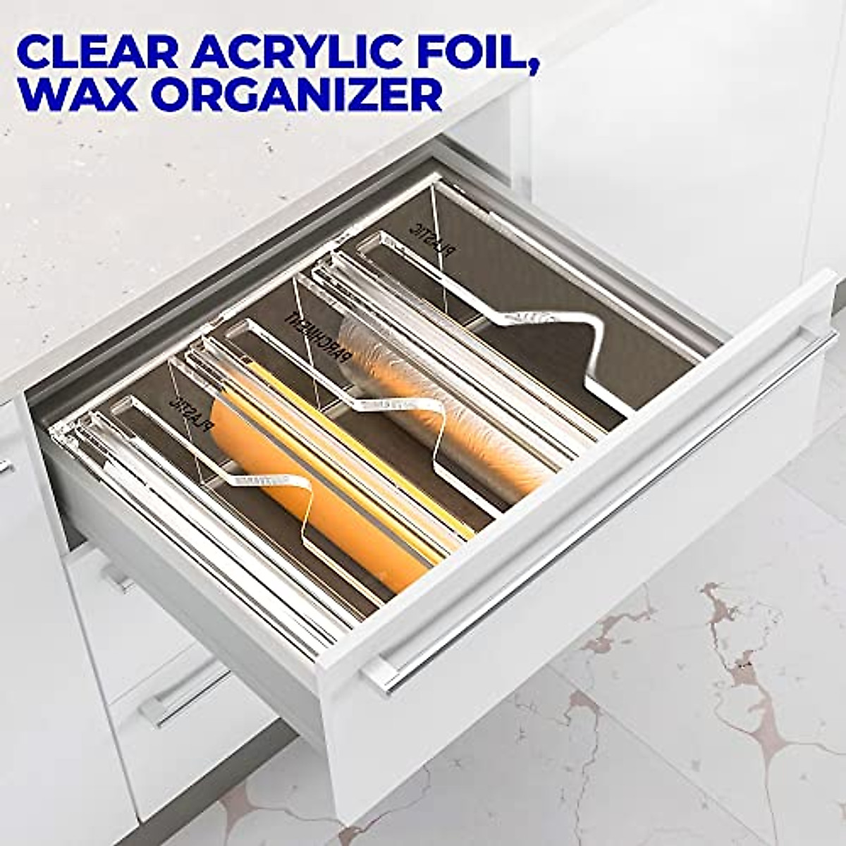 YOC Wrap Dispenser, Clear Acrylic Foil, Wax Organizer with Slide Cutter, Suitable for Wall Mounting or Kitchen Drawer, Compatible with 12 Inch Rolls (3 in 1 Wrap Dispenser)