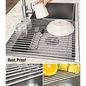 Tomorotec 17.7" x 15.5" Roll Up Dish Drying Rack Over Sink Drying Rack Sink Cover Kitchen Sink Accessories Gadget Multipurpose Organizer Foldable Stainless Steel Drainer