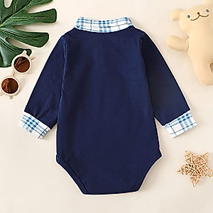 GRNSHTS Baby Boy First Birthday Clothes Plaid Stand Collar Long Sleeve Romper Jumpsuit Cake Smash Outfit (Navy Blue 4, 15 Months)