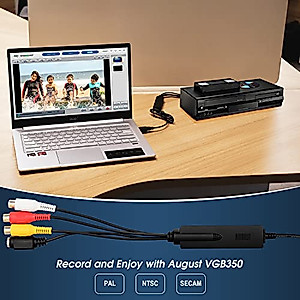 USB Video Capture Card Grabber - August VGB350 - Transfer VHS Mini DV Hi8 DVD to Computer for Windows 11,10,8,7, Composite S-Video, PAL/NTSC/SECAM, Convert Video from VCR & Camcorder