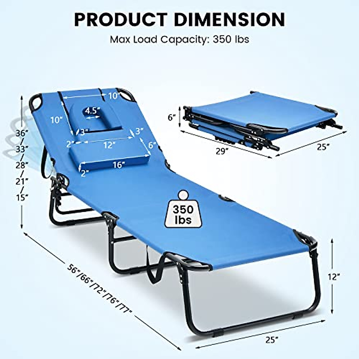 GYMAX Tanning Chair, 350lbs Beach Lounge Chair with Face Hole, Detachable Washable Pillow & Carry Strap, Adjustable Folding Chaise Lounge, Layout Chair for Outside, Patio, Poolside, Lawn (2, Blue)