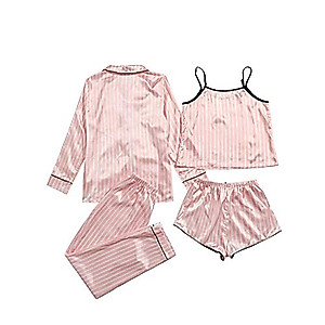 WDIRARA Women's Silk Satin Pajama Set 4 Pieces Sleepwear Loungewear Pj Sets Pink Striped L