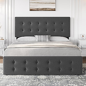 IDEALHOUSE Queen Size Bed Frame with 4 Storage Drawers and Headboard, Linen Upholstered Platform Bed Frame with Wooden Slats Support, Button Tufted Design, No Box Spring Needed, Dark Grey