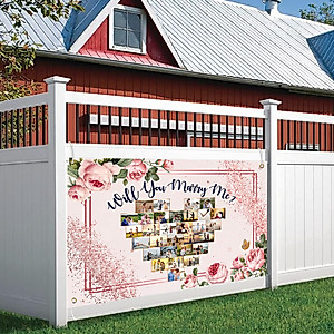 MEFENG Will you marry me Photo Backdrop Banner-Rose and Love shape Sign Photo Banner-Proposal Announcement Engagement Wedding Bridal Shower Party Decor-Indoor Outdoor Photo Backdrop Banner.6*3.6feet