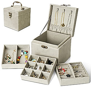 INMORVEN Small Jewelry Box Organizer, 3 Layer Velvet Travel Jewelry Case, Jewelry Box Organizer for Women Girls, Earring Organizer Ring Box, Jewelry Storage for Necklace Bracelets (Gray)