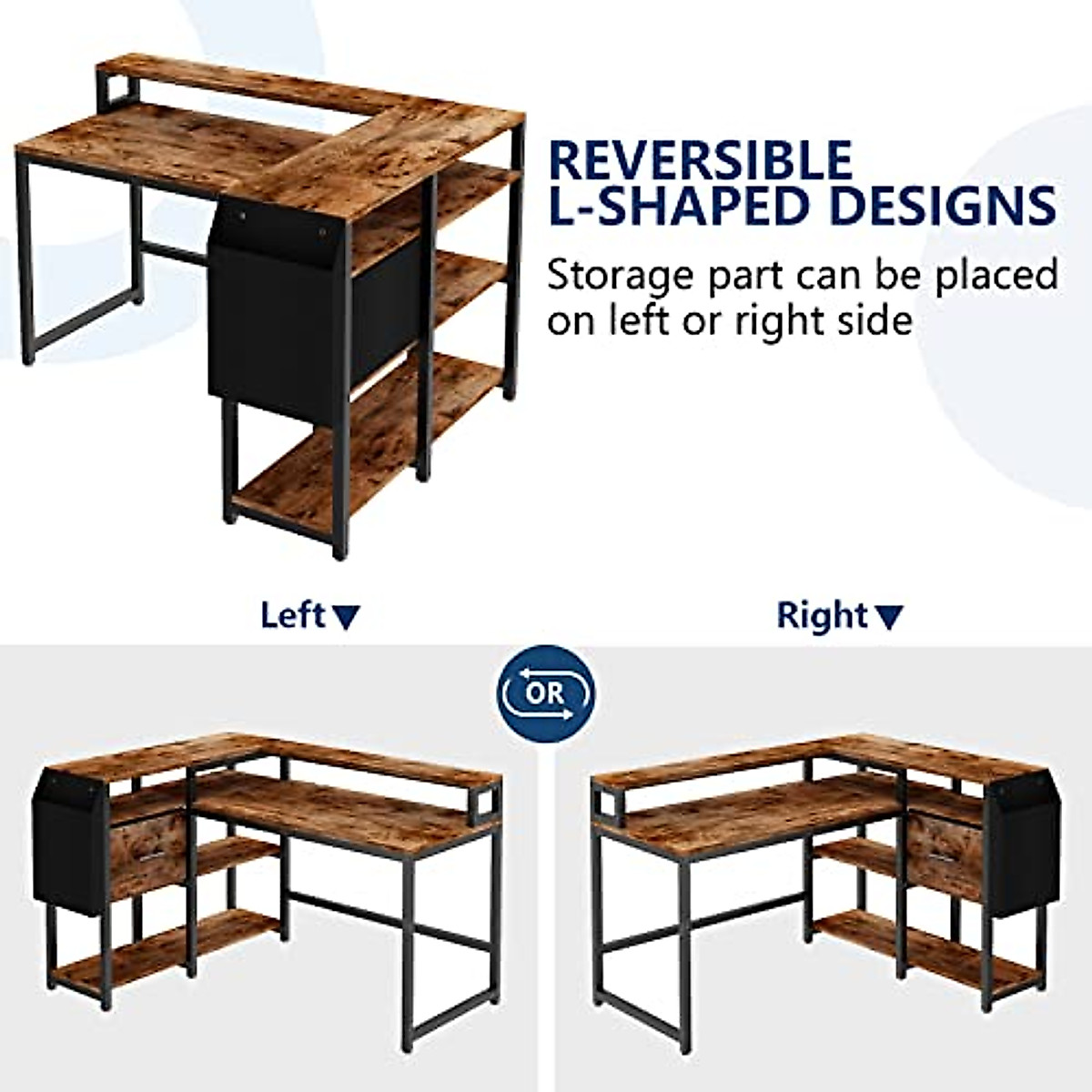 Loomie Reversible L Shaped Desk with Drawer, 55" W x 41" D Industrial Corner Computer Desk with 4 Tier Shelves & Monitor Stand and Bag, Study Table for Home Office, Rustic