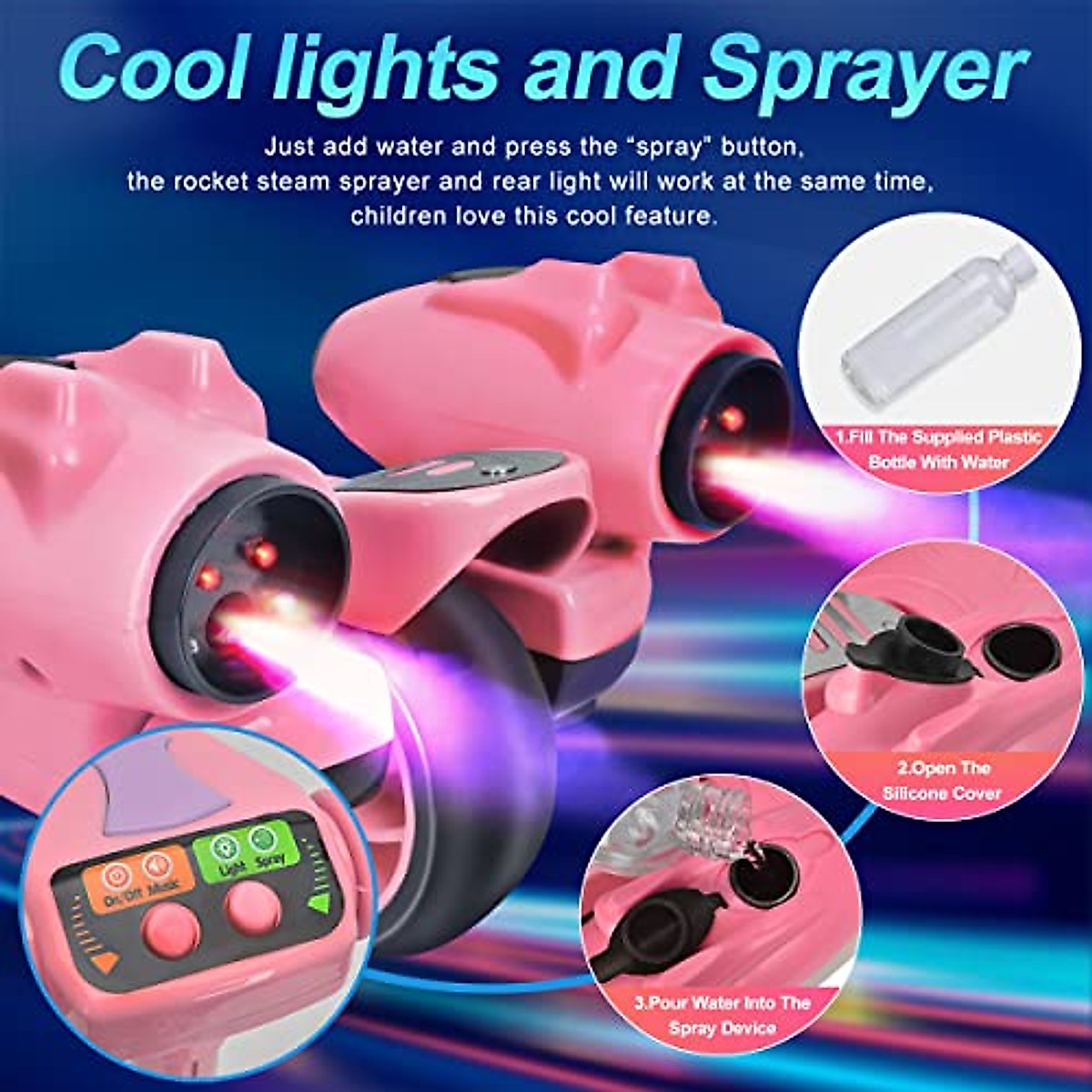 3 Wheel Scooter for Kids, Toddler Scooter with Bluetooth Music Speaker Steam Sprayer LED Lights Aluminum Alloy T-Bar, Folding 3 Wheel Scooter for Boys Girls Ages 3-10 (Pink)