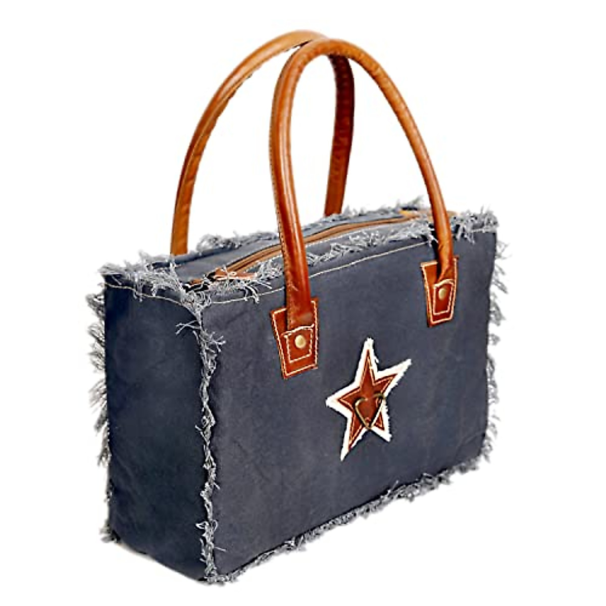 Ruzioon Upcycled Canvas Hand Bag, Canvas & Cowhide Tote Bag, Canvas Tote Bag, Cowhide Leather Handbags, Canvas Shoulder Bags for Women