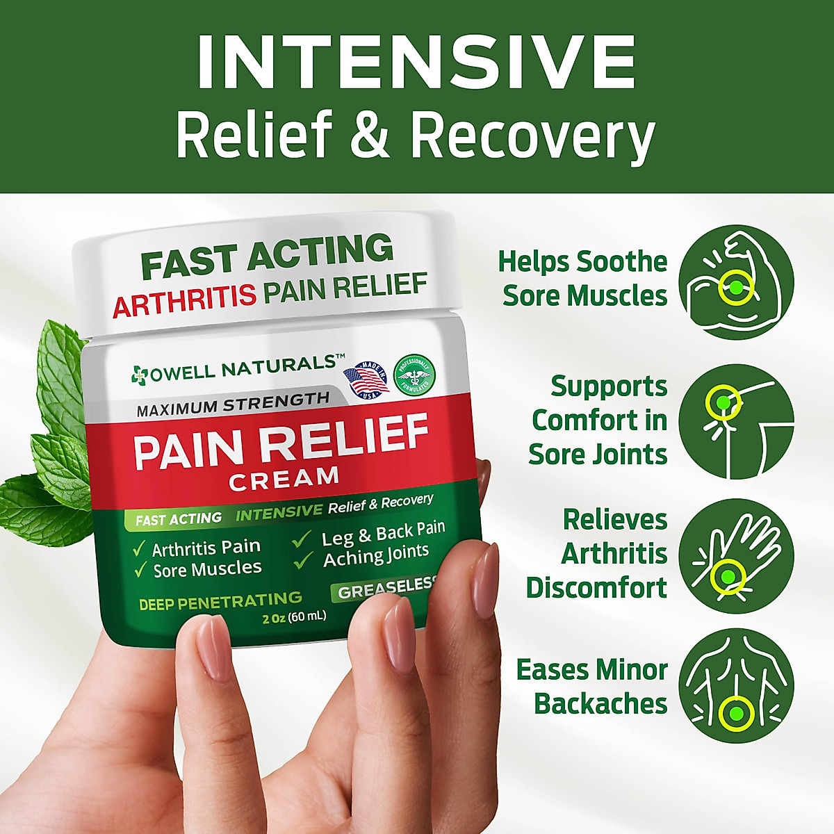 OWELL NATURALS Arthritis Pain Relief Cream, Fast-Acting, Deep Penetrating Joint & Muscle | Non-Greasy Formula for Back, Knee, Feet, Hand, Legs, Shoulder | Natural Ingredients, 2 oz