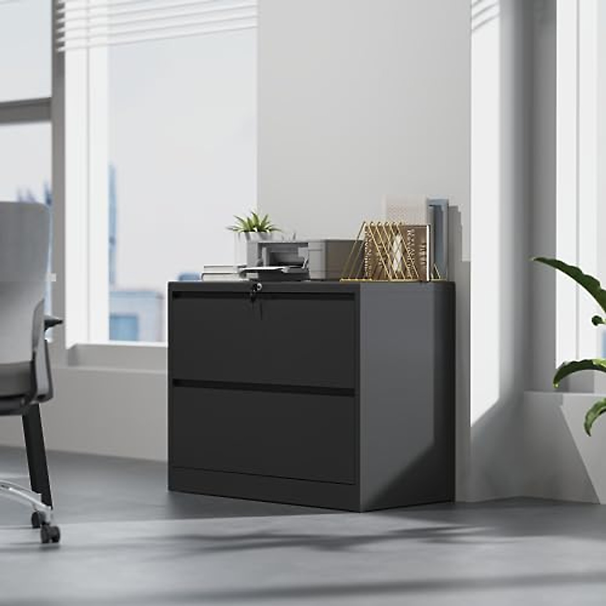 Hak 2 Drawer Lateral File Cabinet with Lock, Black Metal Filing Cabinet for Home Office, Locking Office File Cabinet for Hanging Files Letter/Legal/F4/A4 Size