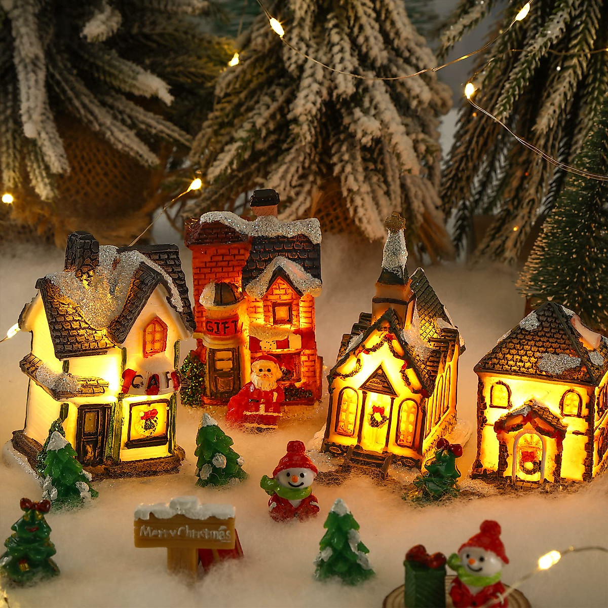 17 Pieces Christmas Village Sets Lighted LED Christmas Village Houses, Xmas Tree Gift Box Snowmen Santa Sign Miniature Figurines Snow Blanket, Christmas Home Table Decor Collectible Buildings