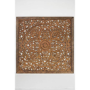 Super King Sized Carved Headboard, Wall Mounted Mandala Wooden Panels, Weathered Brown Rustic Barn Finish, 80 inches