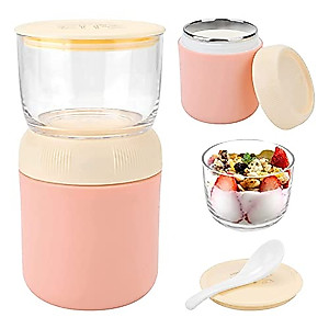 Gralara Lunch Pot Yogurt Container 2 Tier Spoon Portable Detachable Stainless Steel for Milk Salad Soup Yogurt Adults, Pink