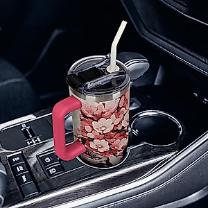 40 Oz Vacuum Tumbler with Light Rose Red Handle Leakproof Insulated Tumbler Japanese Floral Cherry Blossom Stainless Steel Travel Mug with Lid And Straw Coffee Cup Cute Water Bottles Cup Holder Friend