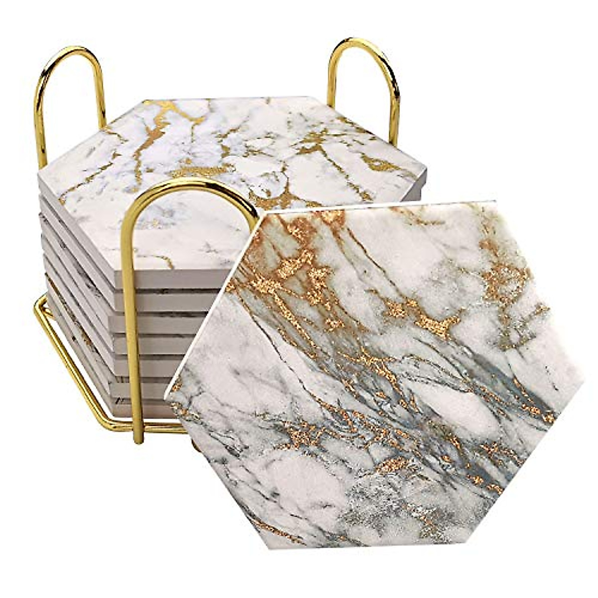 8 Pcs Drink Coasters with Metal Holder Stand, Marble Design Ceramic Coaster Set, Cork Base, for Tabletop Protection, Home Decor, Bar Coasters (Golden)