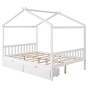 Merax Full Size House Platform Bed Frames with with Two Drawers, Headboard and Footboard/No Box Spring Needed/Easy Assembly